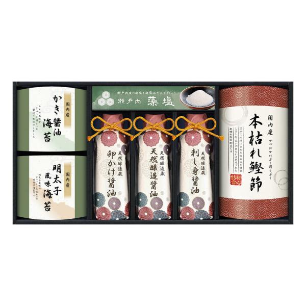 【発売日：2026年01月31日】老舗醤油蔵の天然醸造製法でつくられた卓上サイズのお醤油と、風味豊かな味付海苔や、本枯れ節を詰め合わせました。老若男女どなたにも喜ばれる和食ギフトです。■内容量：本枯れ鰹節（2g）×3、牡蠣醤油海苔・明太子風...