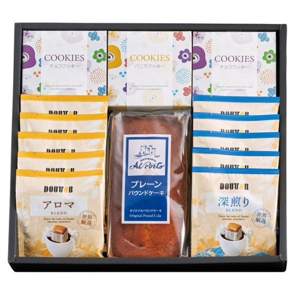 【発売日：2026年01月31日】■内容量：ドトールドリップコーヒー（深煎りブレンド・アロマブレンド）（各7g）×各5、クッキー（チョコ×2）（30g）×2、クッキー（バニラ）（30g）・プレーンパウンドケーキ×各1■賞味期限：常温1年■箱...
