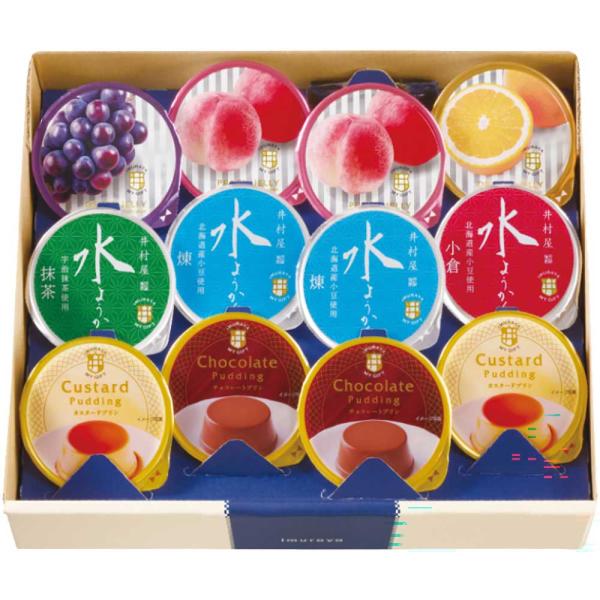 【発売日：2026年06月01日】和と洋の菓子をどちらも詰め合わせた世代を選ばずお贈りいただけるギフトです。■内容量：水ようかん（煉）（83g）・ゼリー（ピーチ）（77g）・プリン（カスタード）（79.5g）・プリン（チョコレート）（74g...