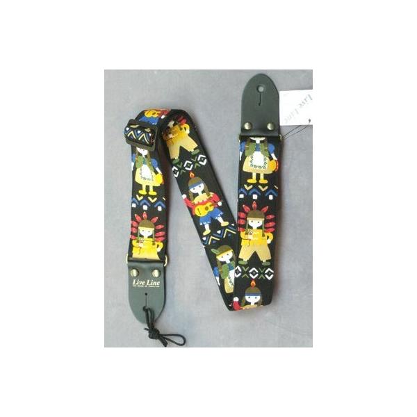 ライブラインのギターストラップ！可愛いインディアン柄です。アコースティックギターにもすぐに使用可能なひも付き。日本製。※金属部分にはアンティーク加工が施されています。長さ調節範囲：約79〜140cm(エンドピン穴間を計測)