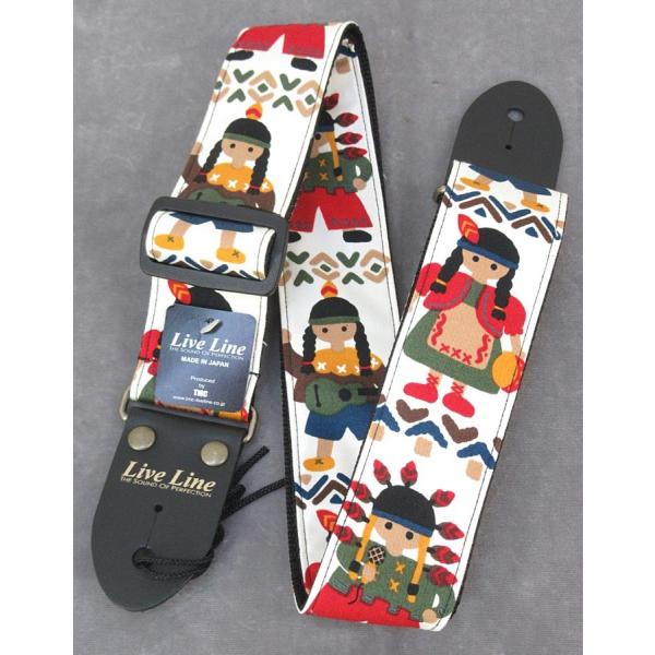 ライブラインのギターストラップ！可愛いインディアン柄です。アコースティックギターにもすぐに使用可能なひも付き。日本製。※金属部分にはアンティーク加工が施されています。長さ調節範囲：約79〜140cm(エンドピン穴間を計測)