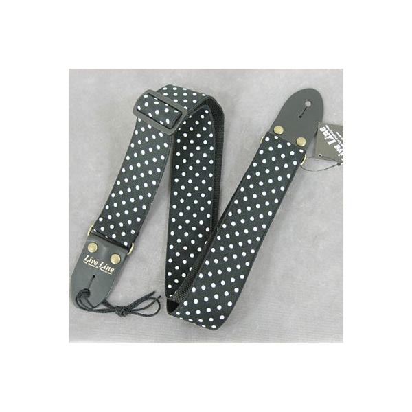 ライブラインのギターストラップ！ポップな感じのデザインです。アコースティックギターにもすぐに使用可能なひも付き。