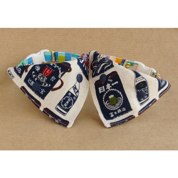 猫さんの首輪用のバンダナです。酒屋さんや酒蔵で使われている帆布の前掛けをモチーフにしたバンダナです。架空の酒屋・酒蔵のデザインですが、日本酒好きにはたまりません♪★１点１点、柄の出方が異なります。見本とまったく同じものはありません。★【バン...