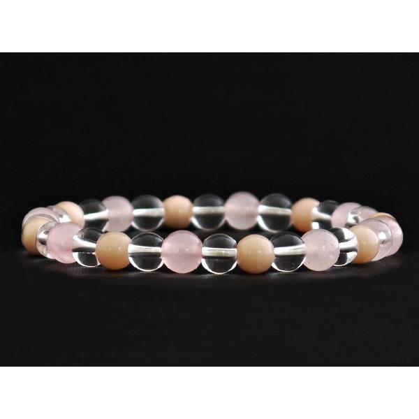 オレンジムーンストーン ローズクォーツ 水晶 のミックスカラーの 天然石  人気６月の誕生石　オレンジムーンストーン愛と美の象徴ローズクォーツ女性の魅力を引き出す二つの石。　万能の石　水晶。結婚への後押しをサポート。パワーストーンブレスレッ...