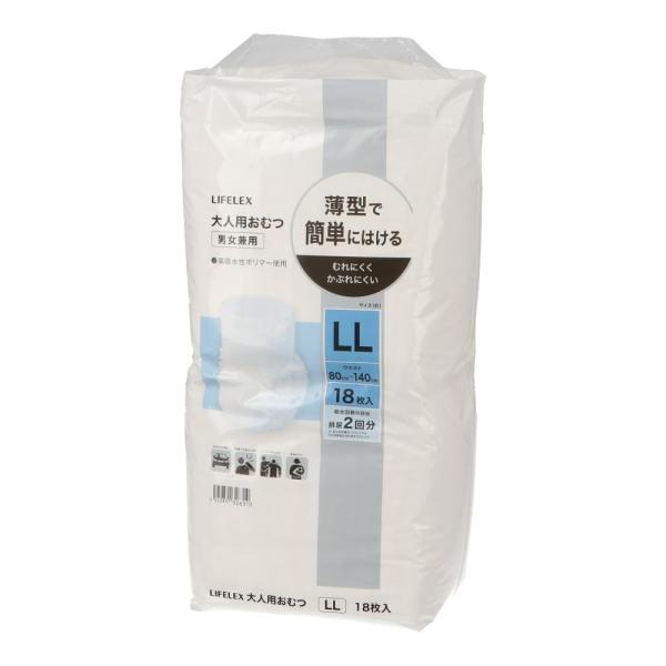 ◇◇ 【特長】 ●薄型で簡単にはける ●むれにくくかぶれにくい ●高吸水性ポリマー使用 【仕様】 ●サイズ：ＬＬ/ウエスト80ｃｍ〜140ｃｍ ●入り数：18枚入り ●吸水回数の目安：排尿2回分 ●素材 表面材：ポリプロピレン不織布 吸水材...