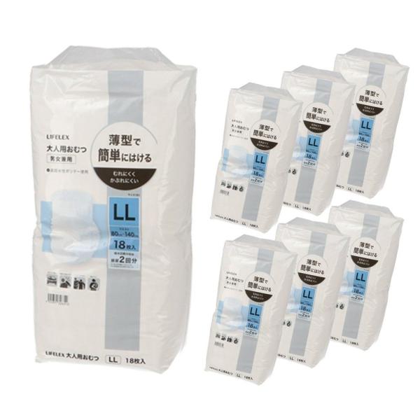 ◇◇ 【特長】 ●薄型で簡単にはける ●むれにくくかぶれにくい ●高吸水性ポリマー使用 【仕様】 ●サイズ：ＬＬ/ウエスト80ｃｍ〜140ｃｍ ●入り数：18枚入り ●吸水回数の目安：排尿2回分 ●素材 表面材：ポリプロピレン不織布 吸水材...