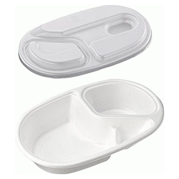 業務用　使い捨てのカレー容器です.テイクアウト・お持ち帰りに便利な容器サイズ：本体　240mm x 148mm x 45mm　フタ　243x151x25mm容量：ごはん部分・約250g　ルー部分・約100〜150g材質：CF重量：16g(1...