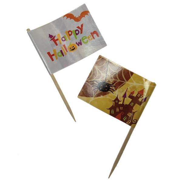 Happy Halloween！！ハロウィンパーティの飾りに！サイズ：楊枝65mm 旗30mm x 40mm 200本入り