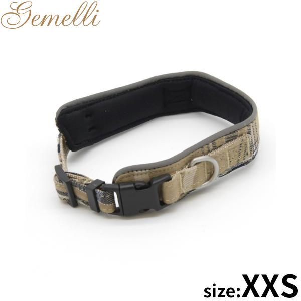 ジェメリ Gemelli タータンチェックカラー（首輪） カラーの上部分に再帰性反射を挟み込んだ仕様により、暗い夜でもライトに当たると反射し光る仕組みとなっており愛犬との夜のお散歩もエスコートします。またカラーの内側にはネオプレン素材を使用...