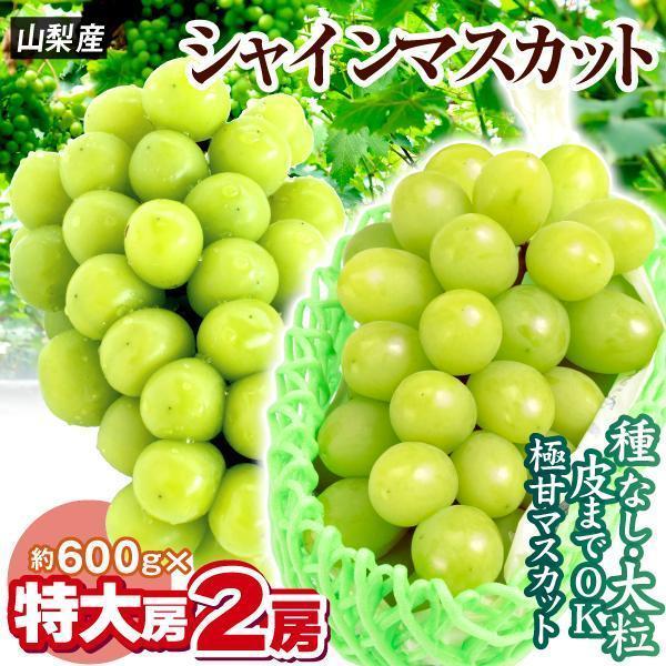 ●商品情報：「甘い・大きい・種なし」に加え、皮ごと食べられる究極理想のマスカット。糖度は20度近くあり、芳醇な香りとパリっと弾ける食感が大人気!!●産地：山梨県●規格・サイズ：-●入数の目安：約600ｇ×2房●配送形態：段ボール箱●配送温度...