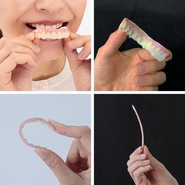 サッと歯に付けるだけの、ワンタッチ付け歯です。お湯で温めると口や歯のカーブに合わせて本体が変形し、様々な口にぴったりフィットします。繰り返し何度でも使えます。よりフィット感を高めたい方や、歯茎部分を安定させたい方は、付属のフィッティングビー...