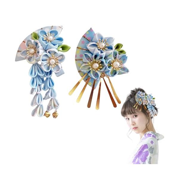 ジャパニーズ青/-/-・Color:青・和装髪飾り美しく細工された扇形の装飾ヘアアクセサリー。 扇には美しい花柄がプリントされています。 また、花やビーズなどの装飾が施されており、とてもキュートでスタイリッシュです。・素材高品質の生地と金属...