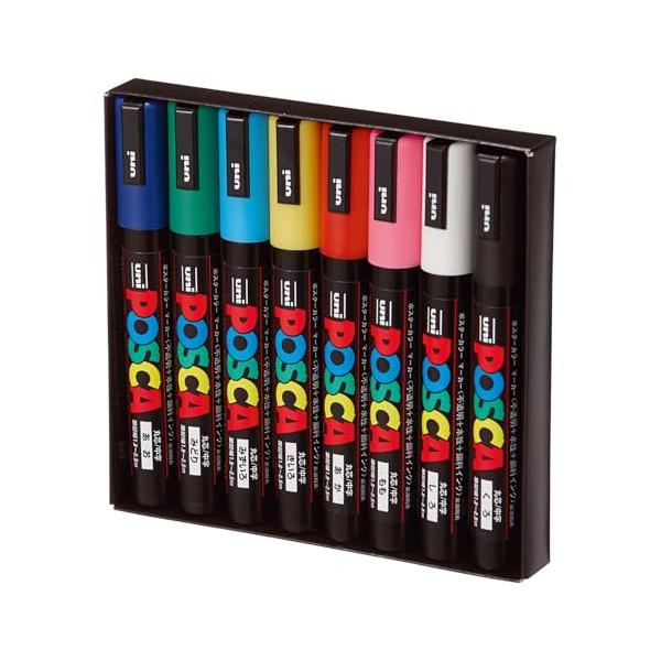 8色セット8色/中字/PC5M/8・Color:8色PatternName:単品・パッケージ個数:1・POSCAポスカ鮮やかな発色で濃い色の上に書ける・特長重ね書きができる／乾けば水に流れない／金属・プラスチック・ガラスにも書ける・線幅1....