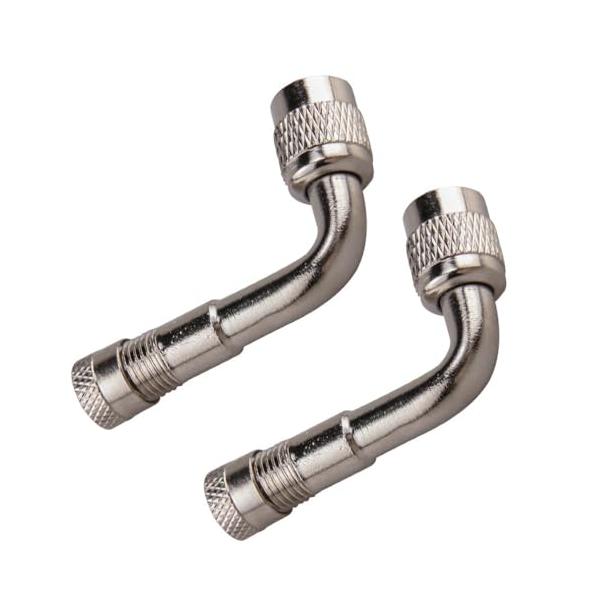 材質本体：真鍮　キャップ：ステンレス。パッケージ数量：2本・エアーバルブ90°バルブエクステンダーは、前後のタイヤバルブを長くするために角度が付けられています。・広く用途:バルブ延長チューブは、すべての乗用車、小型および大型トラック、オート...