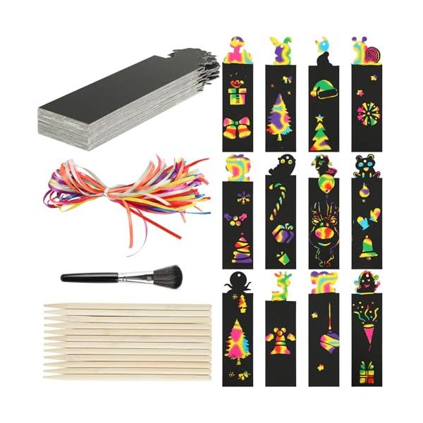 マルチカラー/-/-・サイズ：15*4cm 専用竹ペン：長さ14 cm・セット内容：無地スクラッチペーパー48枚 +専用竹ペン12本付き+48本のカラー紐+ブラシ1本・使い方：黒いスクラッチ面を木のペンでけずると、虹色の絵がかける新しい絵画...