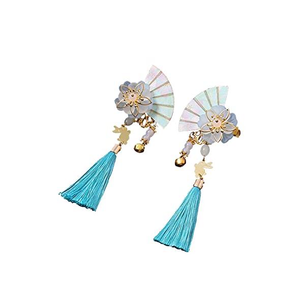 チャイニーズブルー/-/-・Color:ブルー・サイズ：ウッド、金属、ポリエステル、樹脂・サイズ：約4.5cm*13cm・丁寧に仕上がった下がり飾りのついたヘアアクセサリーです。木製扇子に綺麗な花柄がプリントされています。花、ビーズなど飾り...