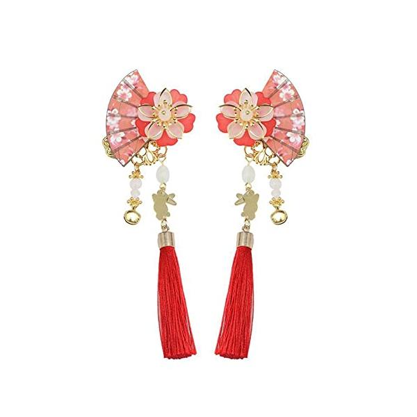 ジャパニーズレッド/-/-・Color:レッド・サイズ：ウッド、金属、ポリエステル、樹脂・サイズ：約4.5cm*13cm・丁寧に仕上がった下がり飾りのついたヘアアクセサリーです。木製扇子に綺麗な花柄がプリントされています。花、ビーズなど飾り...