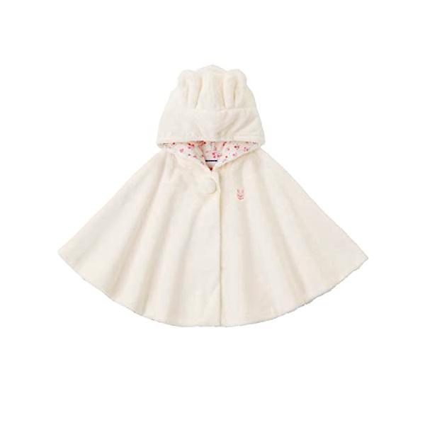 ポンチョホワイト/90/43-3801-490・Size:90Color:ホワイト・（表地）マイクロファー、（白・ピンク）（裏地）４０／２天竺プリント、（ベージュ）（フード裏）４０／２天竺ボーダー、（身頃裏）４０／２天竺、（白×黄）（フード...