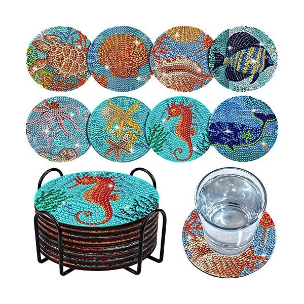 可愛い海/-/-・Color:海・セット内容さまざまなマンダラ モンド ペインティング コースター: マンダラ モンド ペインティング コースター 8 ピース、ホルダー 1 個、カラフルなモンド 1 セット、粘土接着剤1 個、ペン 1 個、...