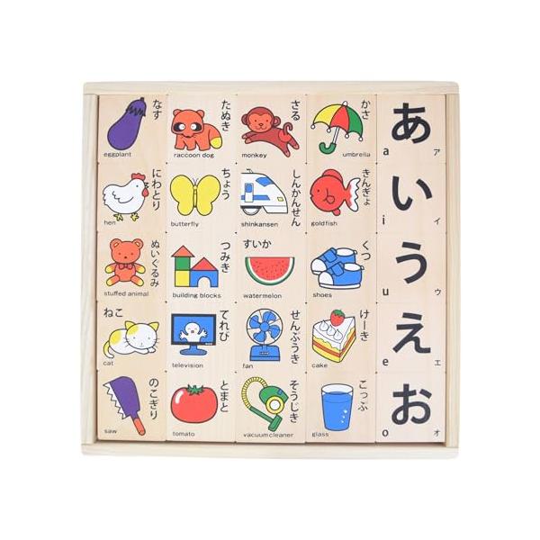 ●あいうえおの文字（ひらがな・カタカナ・ローマ字）と絵柄（日本語名・英語名）の入った50ピース入り積み木。・●4枚の無地の積み木が付属しますので漢字で名前を書いたり、濁点「゛」半濁点「゜」を手書きしたり遊びの幅が広がります。・●ひとつひとつ...