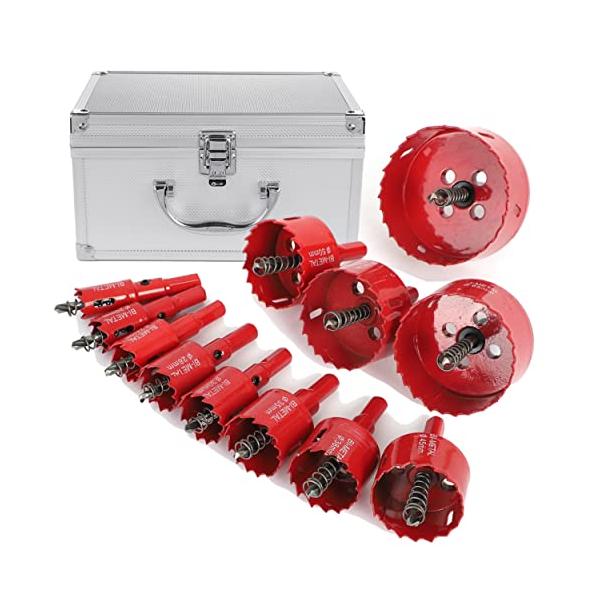 ホールソーレッド/-/-・NumberOfItems:12・使用頻度の高い12サイズを1セットに持ち運びに便利なアルミケース付きセットバイメタルホールソー 直径18〜75mm 増量12本セット（18mm 20mm 24mm 28mm 30m...