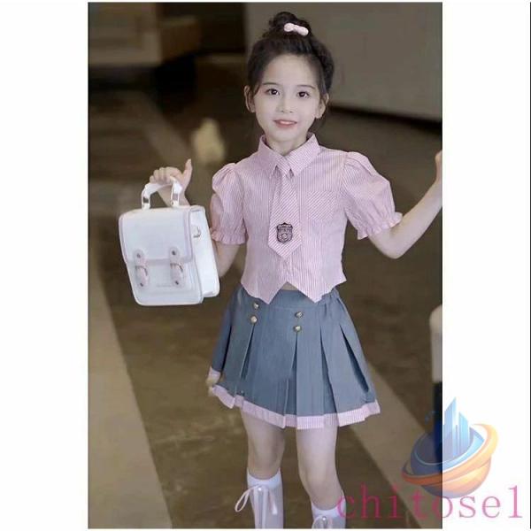 JK風 制服セット シャツ＋スカート＋ネクタイ付き 女子高生風 コスプレ 可愛い 学生服 上下セット 通学風 ピンク 可愛い 夏服 上下2点セット