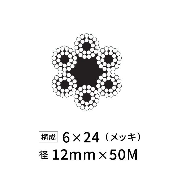 アウトワイヤーロープ（JIS外）材質：鉄 メッキ構成 6×24Φ12mm長さ：50M重量：約22.5kg破断荷重：60.8kN200Ｍ巻からカットして販売いたします。切断荷重はJISワイヤロープよりも20％下がります。重量は表示よりも多少の...