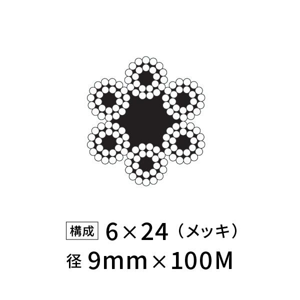 アウトワイヤーロープ（JIS外）材質：鉄 メッキ構成 6×24Φ9mm長さ：100M重量：約25kg破断荷重：34.4kN200Ｍ巻からカットして販売いたします。切断荷重はJISワイヤロープよりも20％下がります。重量は表示よりも多少の減少...