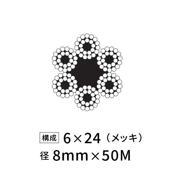 JISワイヤーロープ材質：鉄 メッキ構成 6×24Φ8mm長さ：50M重量：約10.6kg破断荷重：29.3kN200Ｍ巻からカットして販売いたします用途：船舶用、漁業用、クレーン用、土木工事用、一般用メーカー名：ニッサンスチール品番：JI...