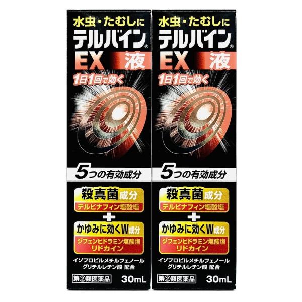 「テルバインEXク液30ml」は、1日1回で効く水虫・たむし用薬です。水虫・たむしは、カビ(真菌)の仲間である白癬菌が皮膚の角質層に寄生しておこる皮膚病です。テルバインEXク液は、白癬菌に対して強い殺真菌作用を示すテルビナフィン塩酸塩を主薬...
