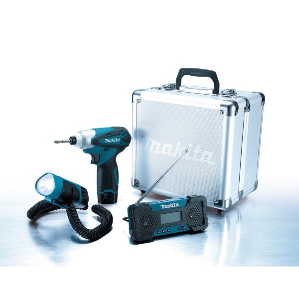 マキタリチウムイオン１０．８Ｖシリーズ！インパクト・ラジオ・ライト・バッテリ２本をひとまとめにセット！特製アルミケースに収納！