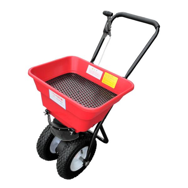 左右タイヤ間隔２７ｃｍ！畝間走行可能！　 組立簡単！　 肥料・種・もみがら・灰・除草剤・他、顆粒・粉等の散布に大活躍！　 押し進むだけで、広範囲に散布できます。