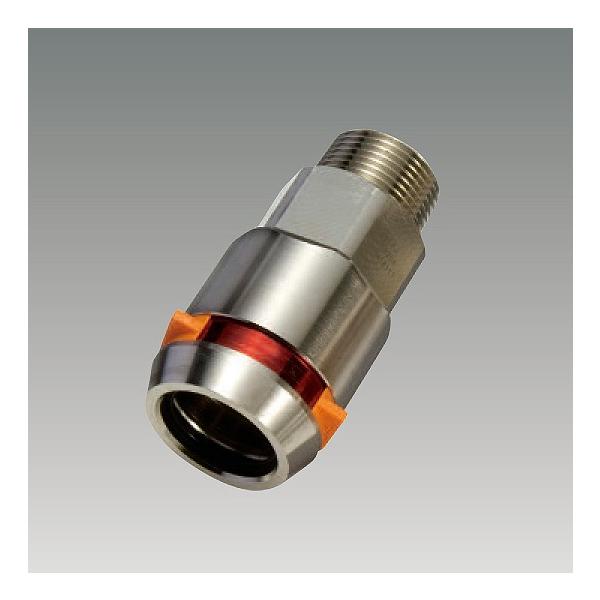 ＬＰＧ用　１５Ａ×Ｒ１／２。ガスフレキ管用の片ねじソケット。谷シール方式（フレキ管の谷部をパッキンシールする方式）・８山残し。