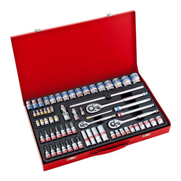 ６．３ｍｍ、９．５ｍｍ、１２．７ｍｍ差込角のハンドル、ソケットを６５点をセットした本格的なソケットレンチセット