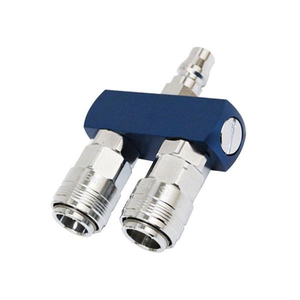 常圧エア配管をワンタッチで簡単に２分割、小型軽量タイプで接続部の負担軽減します。　 常圧エア配管を汎用ソケットでワンタッチで２分岐。