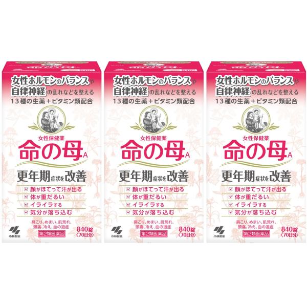 小林製薬「命の母A」は、女性ホルモンのバランスや自律神経の乱れを整える第二類医薬品の女性保健薬です。13種類の生薬（ダイオウ末・カノコソウ末・ケイヒ末・センキュウ末・ソウジュツ末・シャクヤク末・ブクリョウ末・トウキ末・コウブシ末・ゴシュユ・...