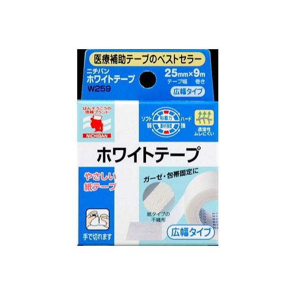 ニチバンホワイトテープはしなやかな不織布に皮フ刺激の少ない粘着剤を塗布したテープです。●脱脂綿、ガーゼ、包帯の固定に