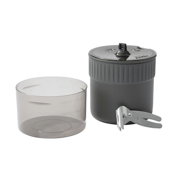 アルミ製の1.2Lのポットとポリプロピレン製のボウルを組み合わせた、1〜2人用のミニマムなクックセット。ポットにはラバーが巻いてあり、リフターも付属。ポットの中には250缶のガスカートリッジとコンパクトガスストーブが収納できます。内容：1....