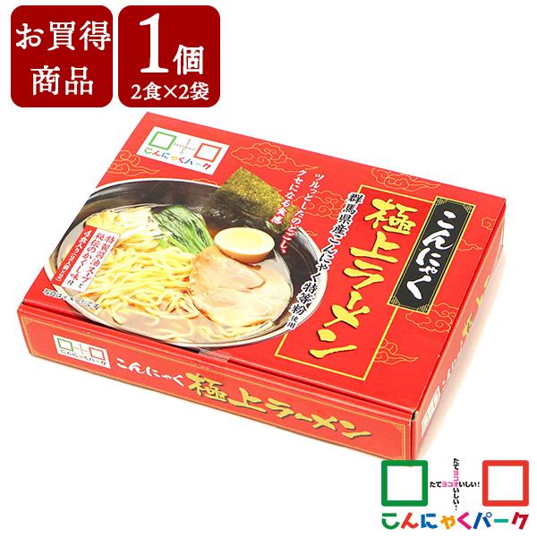 群馬県産のこんにゃく粉を配合した乾麺タイプのこんにゃくラーメン（1箱/4人前）です。独特のモチモチした食感のこんにゃく醤油ラーメンが楽しめます。名称　　　｜こんにゃく極上ラーメン 1箱（2人前×2袋/4人前）原材料名　｜めん：小麦粉、食塩、...