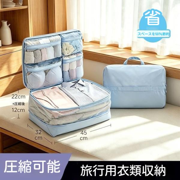 商品名：5in1トラベルポーチ素材：ポリエステルサイズ：45*32*22(圧縮前)特徴：軽量 / 防汚 / 水洗い可 / 折りたたみ式 / 仕分け収納対象シーン：旅行、出張、帰省、アウトドア、日常収納荷物の整理が苦手な方、スーツケースの空き...