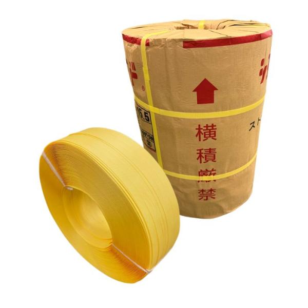 PPバンド 手締め ストッパー用【商品情報】　色：黄仕様：幅15mm/長さ1000ｍ規格：厚み0.57mm/引張強度785N以上/引張伸度30%以下数量：5巻※製造するにあたり付着した汚れが円状内側にございますので予めご了承ください。【配送...