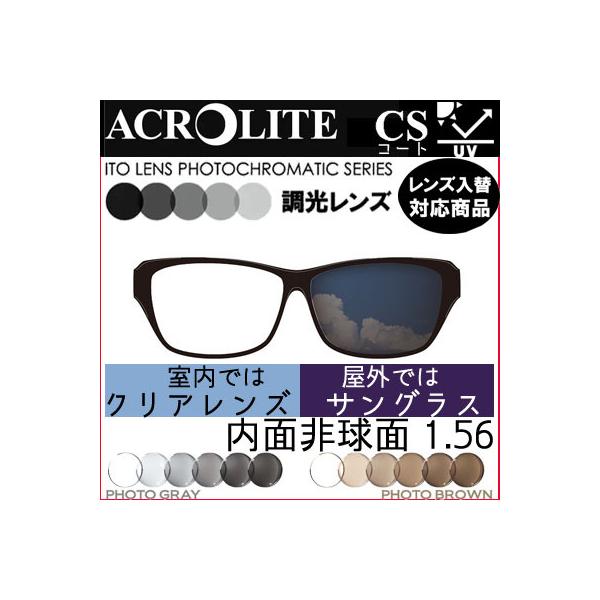 メーカー：ITO LENS イトーレンズ アクロライト156　フォト調光◎ 汚れに強いＣＳコート◎ ＵＶカット◎ ほこりや花粉を付きにくくする静電防止コート【屈折率】1.56【設計】非球面設計【カラー】GRAY / BROWN紫外線の量に合...