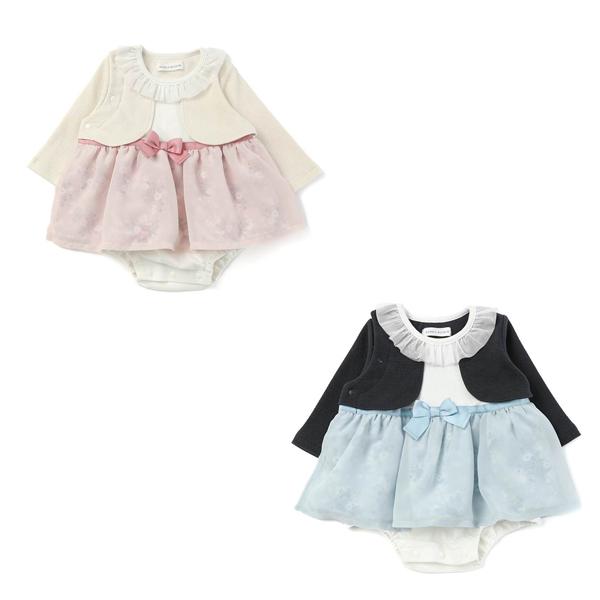 衿ぐりのチュールフリルが華やかなロンパスです。女の子が好きなリボンとオリジナルのお花柄をシックな配色で仕上げました。シフォンのスカートとの2枚使いでさらに上品さUP♪■カラー：IVアイボリー/NBネイビーブルー■サイズ(cm)：70/80■...