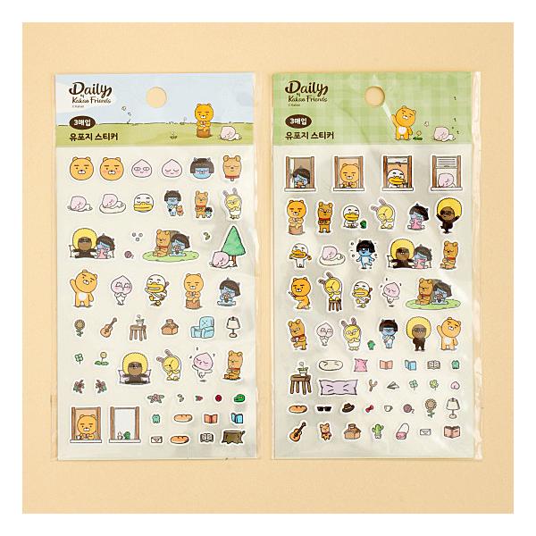 韓国の人気キャラクター「カカオフレンズ」の可愛いデコレーションシールです。同じ柄が3枚入った、お得なセットです。サイズ：　15cm　×　9.5cm3枚入材質：　PP製造国：　韓国