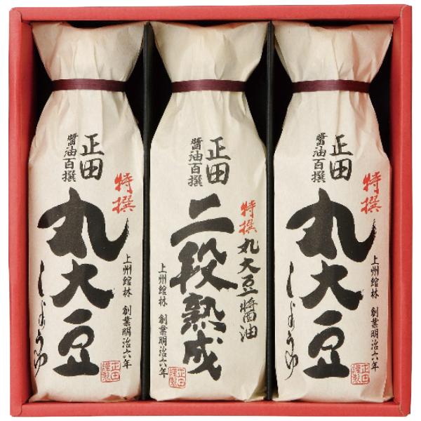 丸大豆をじっくり仕込んだ本醸造しょうゆと再仕込製法で丁寧に仕込んだ二段熟成しょうゆセットです。内容：特撰丸大豆しょうゆ2本・二段熟成しょうゆ1本・各360ml箱サイズ：23×22.5×7.5cm製造日より常温約540日30代 40代 50代...