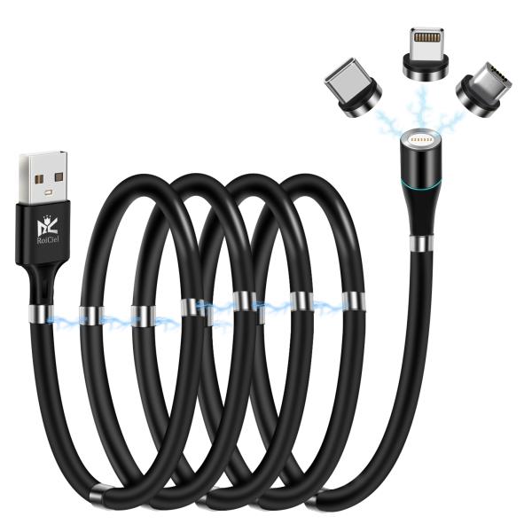 RoiCiel マグネット着脱式タイプ充電ケーブル (磁気リング/充電ケーブル 収納 巻き取り 持ち運び) USB-A to Lightning互換/USB-A to Type-C(USB-C)/USB A to Micro 着脱式3種類端...
