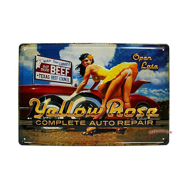 アンティークデザインのブリキ看板です。（新品）サビたように見える部分もプリントデザインです。ルート66やフラッグ、バイク・車など40種類以上のデザインを販売しています。絵柄の一部が凸凹したエンボス加工仕上げです。サイズ（約）：30cmｘ20...