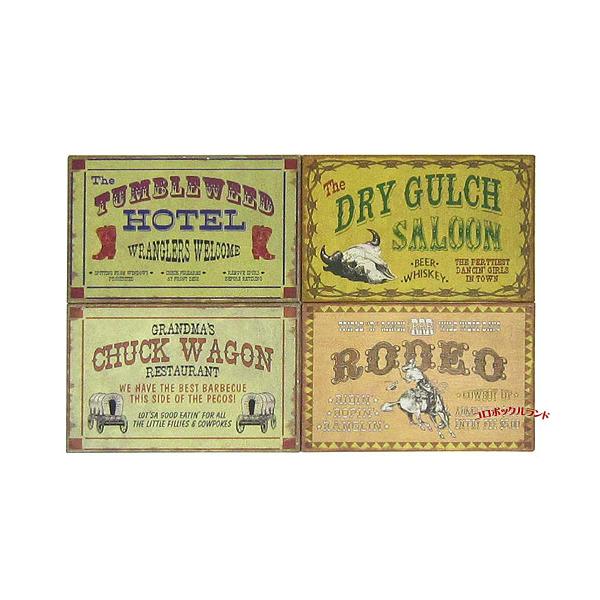 ビンテージウェスタンデザインのマグネット４枚セットです。（新品）ブリキにプリントされています。サイズ(約)：9.7cmｘ6.2cm／４枚セット／USA輸入品多少のペイントムラや擦れはご容赦ください。ご覧の環境で多少色が異なります。写真のＭサ...