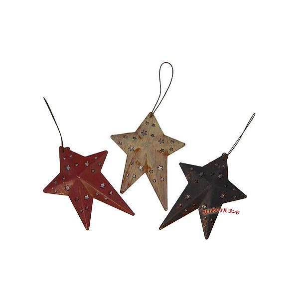 ティン製のスターオーナメント３個セットです。軽量ですので押しピンなどで簡単にディスプレイできます。サイズ：高10cmｘ幅7.5cm（ワイヤー含まない）／USA輸入品アイアン・鉄ワイヤ／中国製ペイントムラや擦れなどのあるカントリー雑貨です。ご...