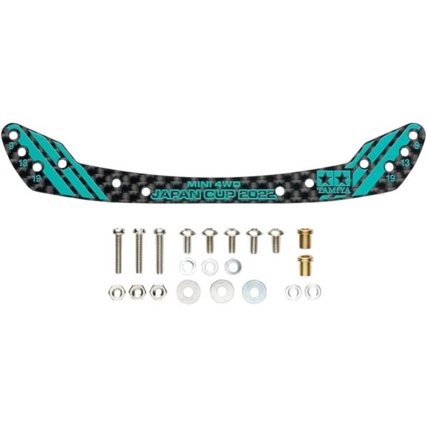 マシンの性能アップやセッティングに役立つパーツ9mm、13mm、19mmのローラーをワイドにセットできる、軽く強度の高い1.5mm厚のカーボン製ステー。レーシーなカーボンパターンに、タミヤマークやJ-CUPのロゴ、ストライプなどをブルーグリ...